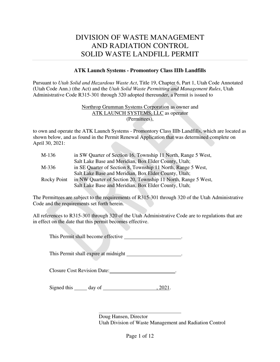 Utah Atk Launch Systems - Promontory Landfill Permit Renewal - Draft ...