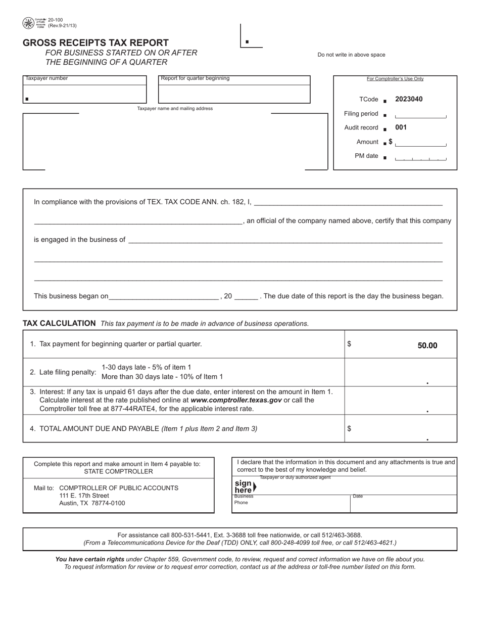 Form 20-100 - Fill Out, Sign Online and Download Fillable PDF, Texas ...