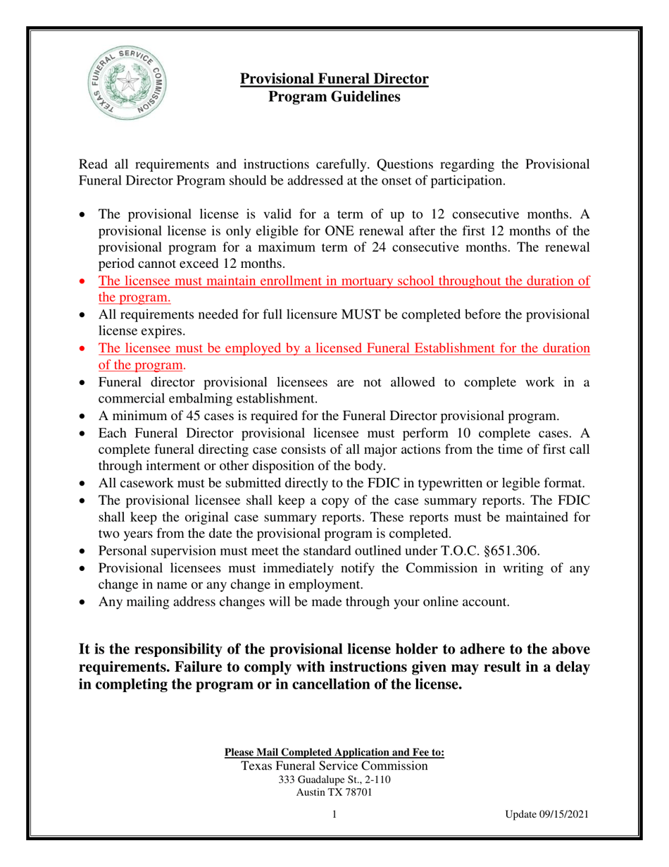 Texas Provisional Funeral Director Application Download Printable PDF | Templateroller