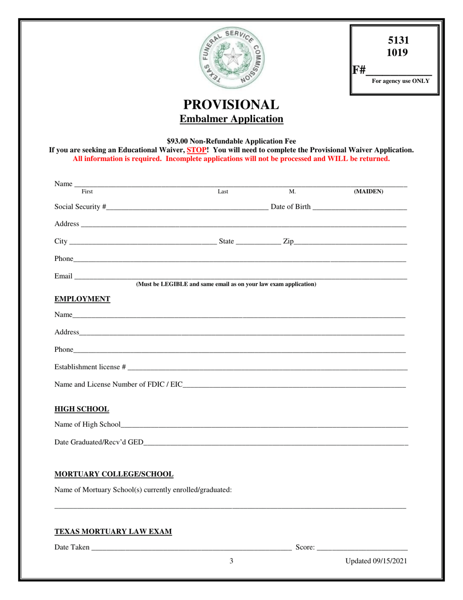 Texas Provisional Embalmer Application Download Printable PDF | Templateroller