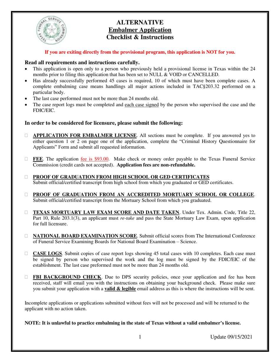 Texas Alternative Embalmer Application Download Printable PDF ...