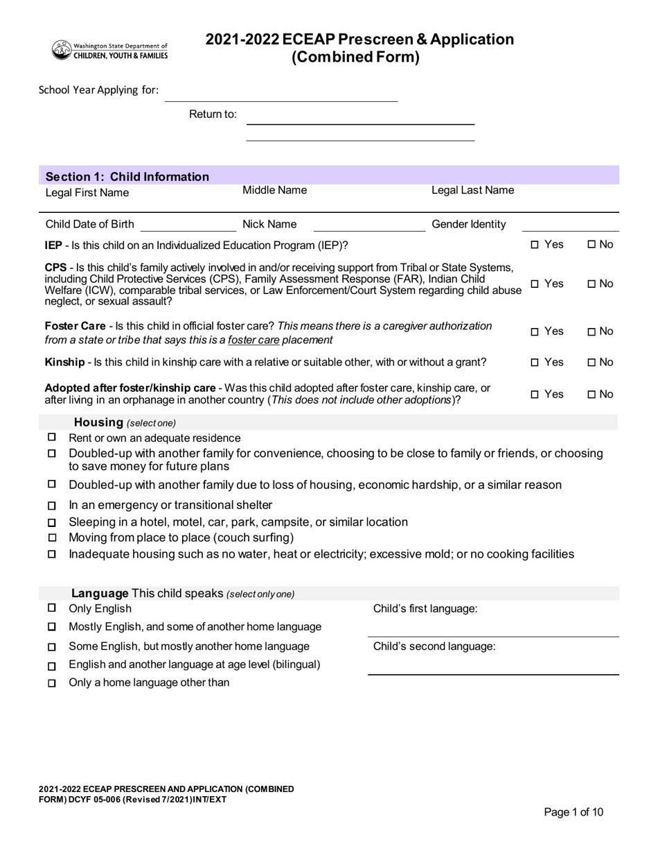 DCYF Form 05-006 Download Fillable PDF or Fill Online Eceap Prescreen and Application (Combined ...