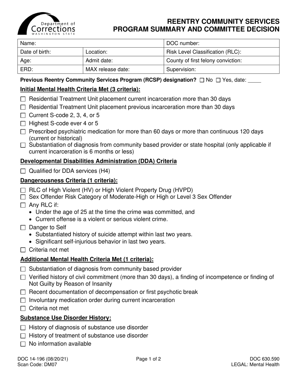 Form DOC14-196 Download Printable PDF or Fill Online Reentry Community ...