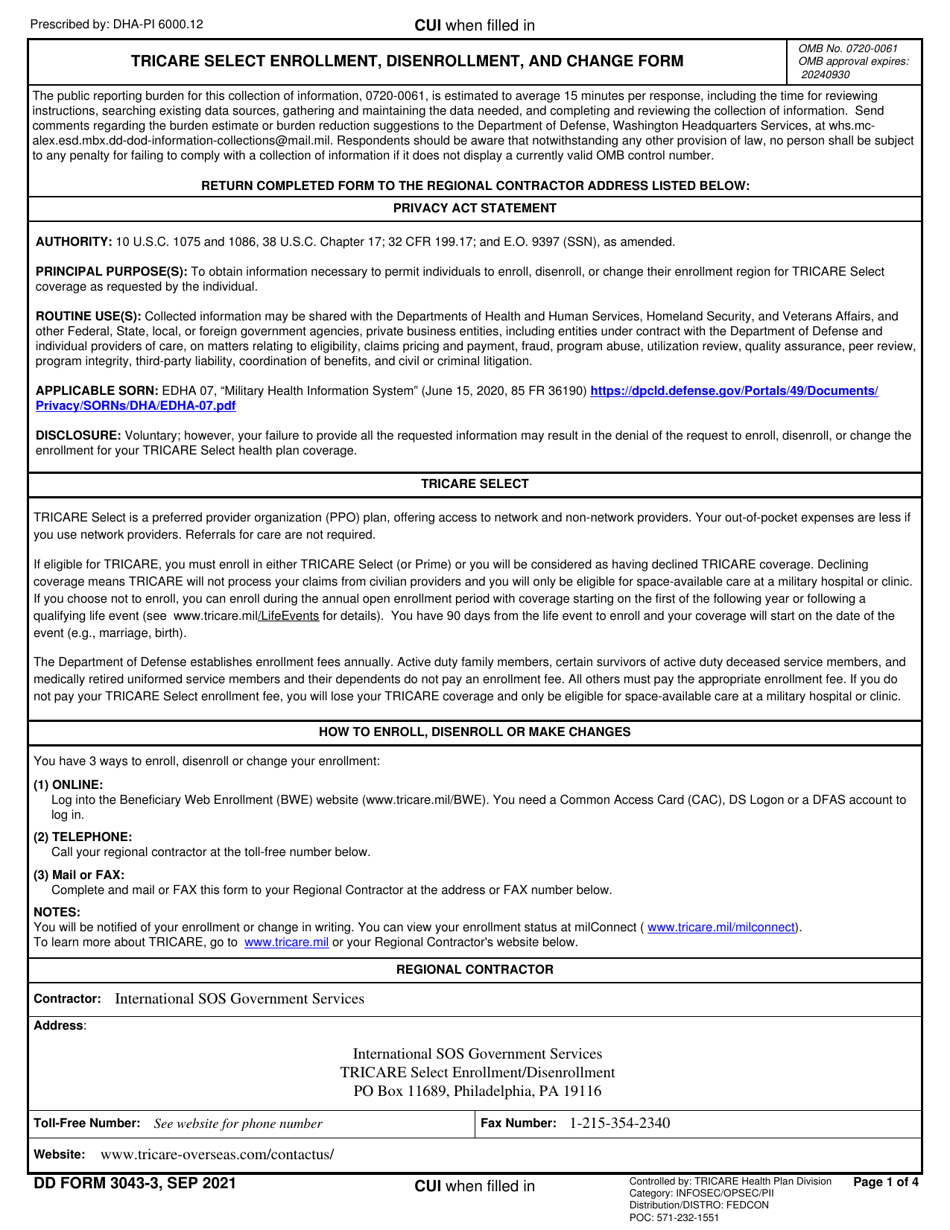 DD Form 3043-3 Download Fillable PDF or Fill Online TRICARE Select ...