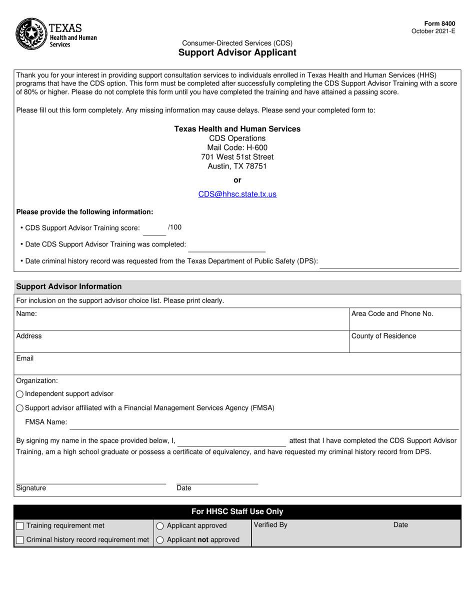 Form 8400 Download Fillable PDF or Fill Online Support Advisor ...