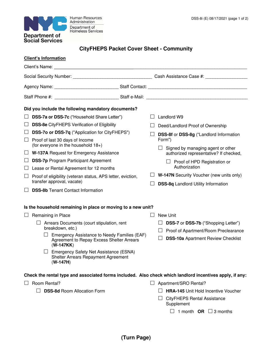 Form DSS-8I Download Printable PDF or Fill Online Cityfheps Packet ...