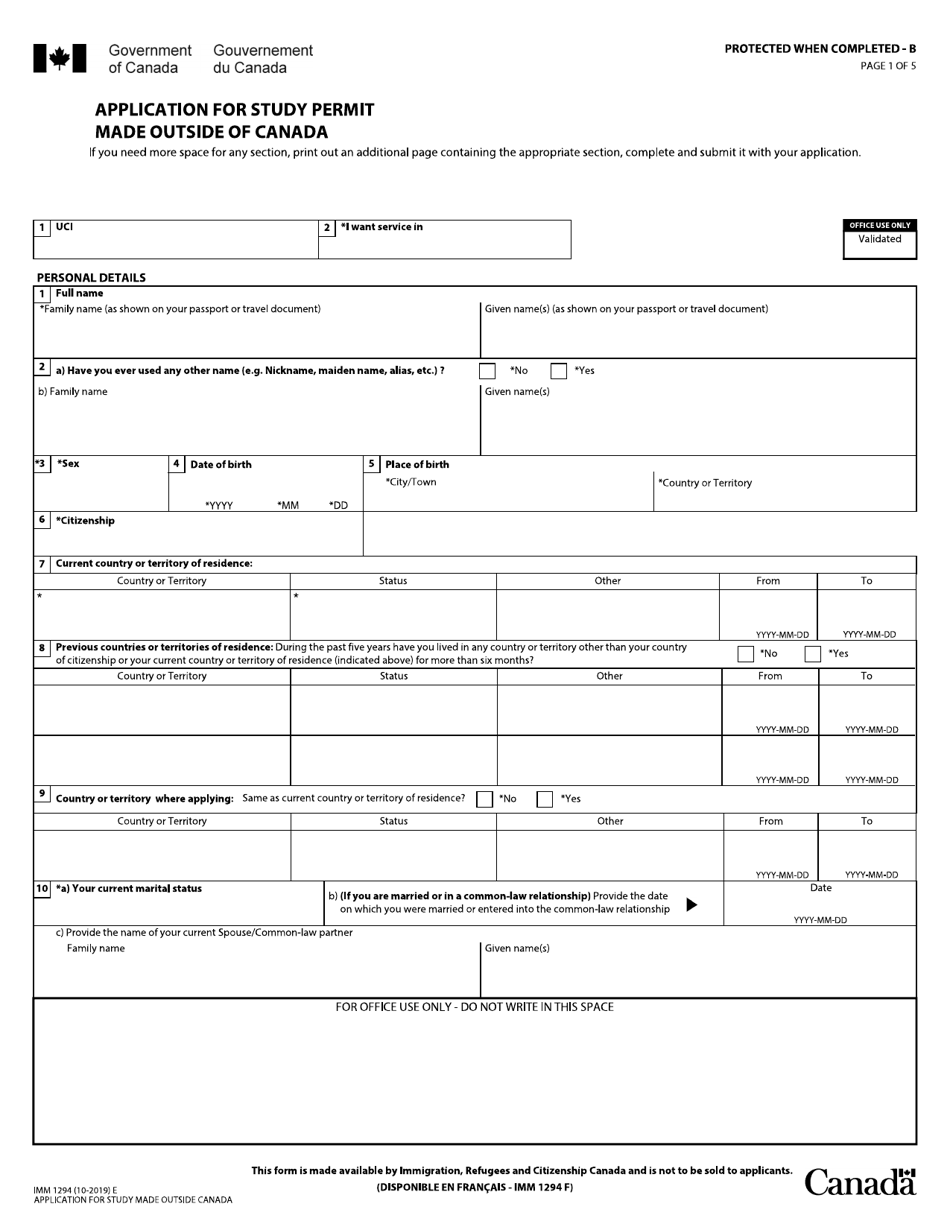 Form IMM1294 Download Fillable PDF or Fill Online Application for a ...