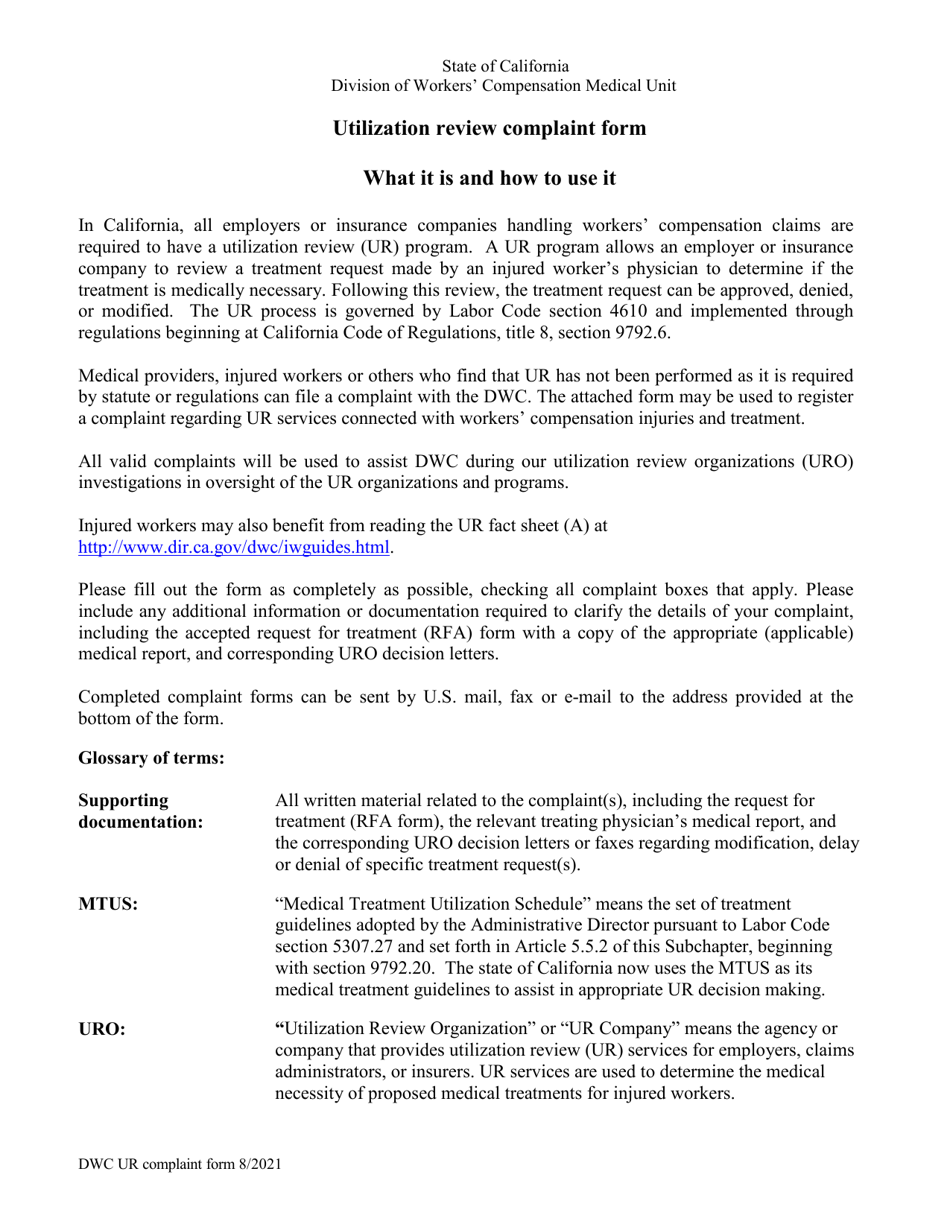 California Utilization Review (Ur) Complaint Form Download Fillable PDF ...