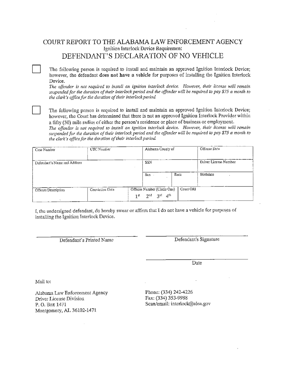 Alabama Defendant's Declaration of No Vehicle - Fill Out, Sign Online ...