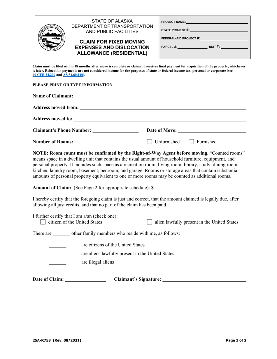 Form 25A-R753 Download Printable PDF or Fill Online Claim for Fixed ...