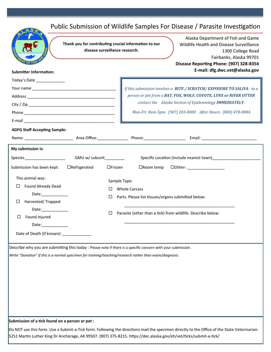 Alaska Public Submission of Wildlife Samples for Disease/Parasite ...