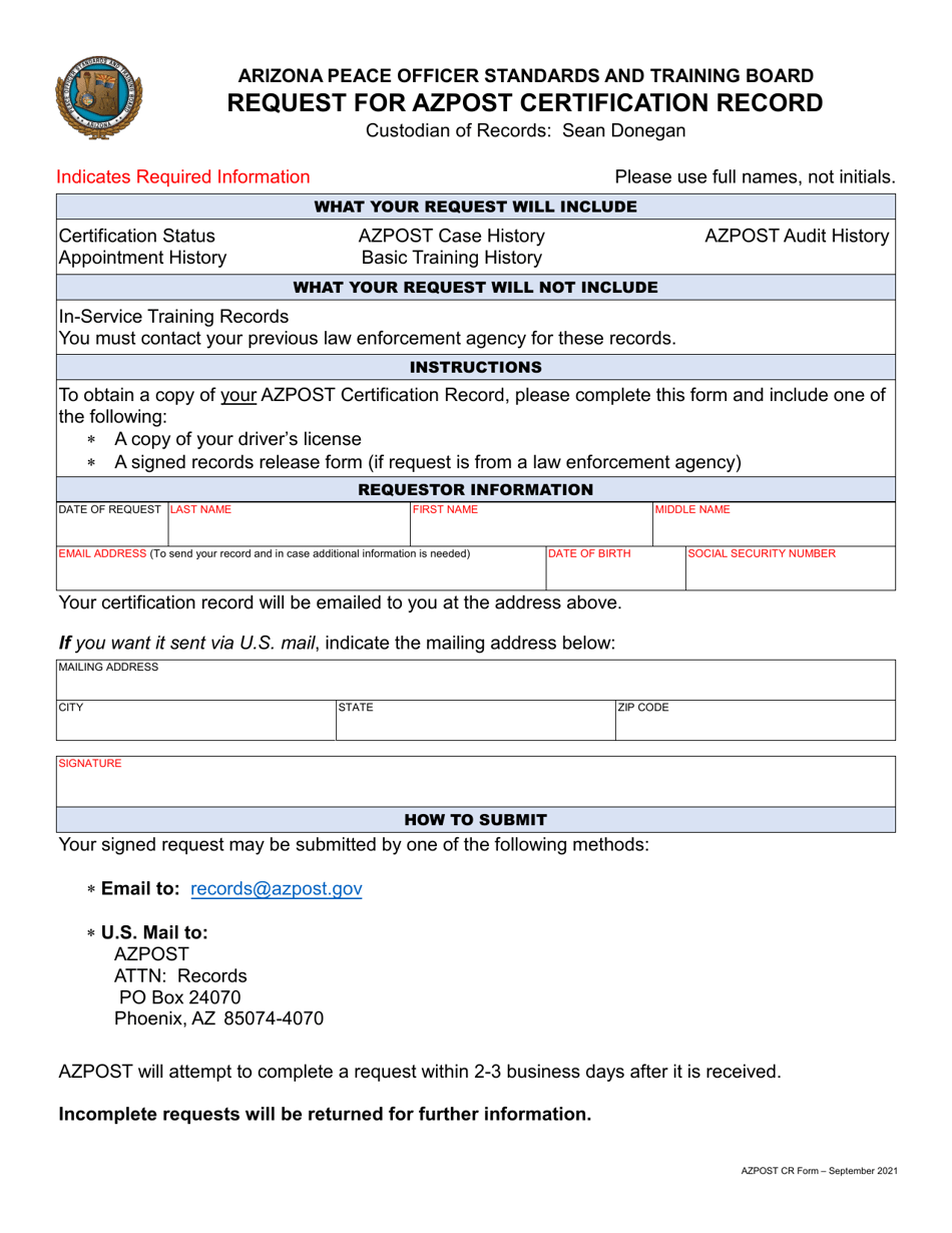 AZPOST Form CR Download Fillable PDF or Fill Online Request for Azpost ...