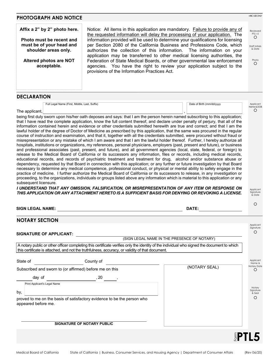 Form PTL5 - Fill Out, Sign Online and Download Fillable PDF, California ...