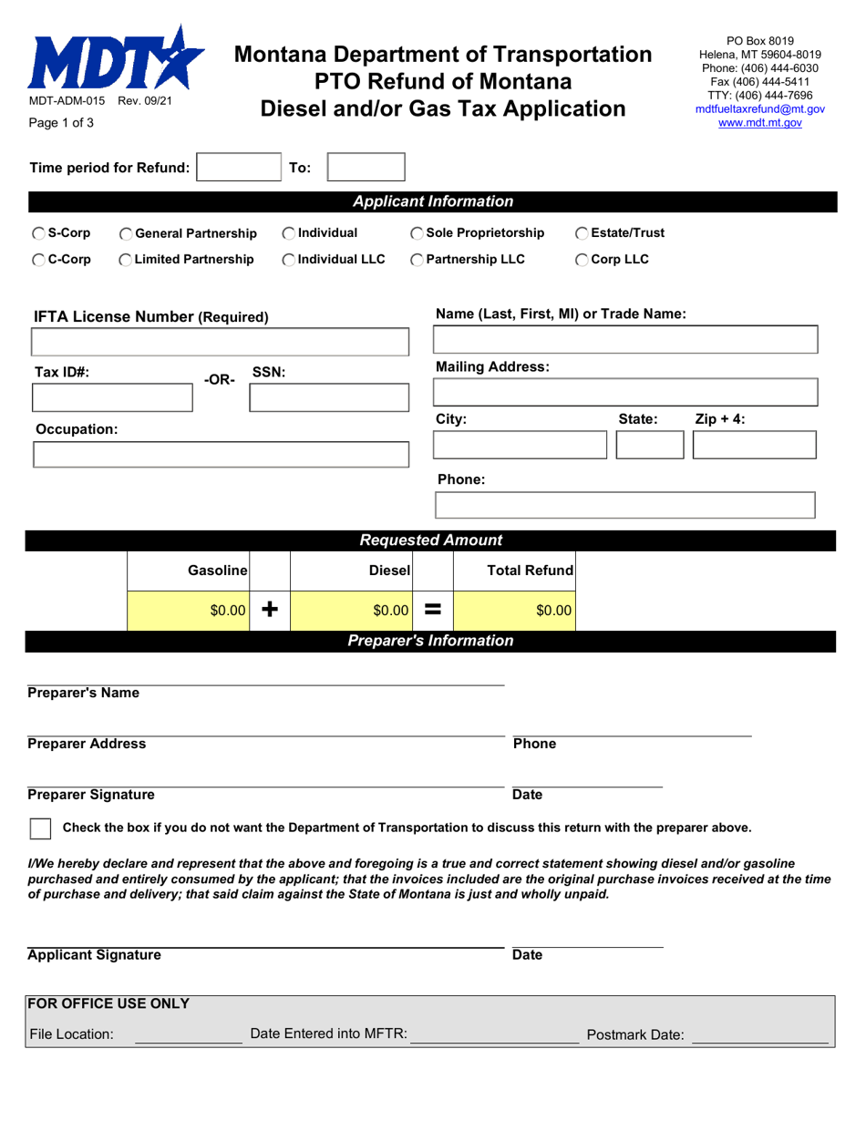 Form MDT-ADM-015 Download Fillable PDF or Fill Online Pto Refund of ...