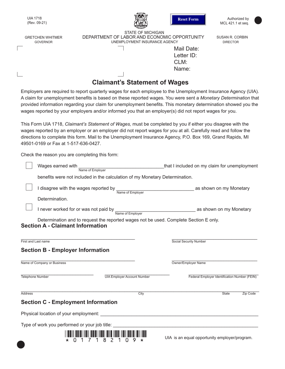 Form UIA1718 Download Fillable PDF or Fill Online Claimant's Statement ...