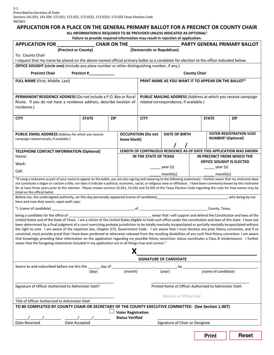 Form 2-1 Download Fillable PDF or Fill Online Application for a Place ...