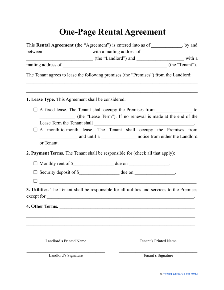 One Page Lease Agreement Template For Download Printable Form 
