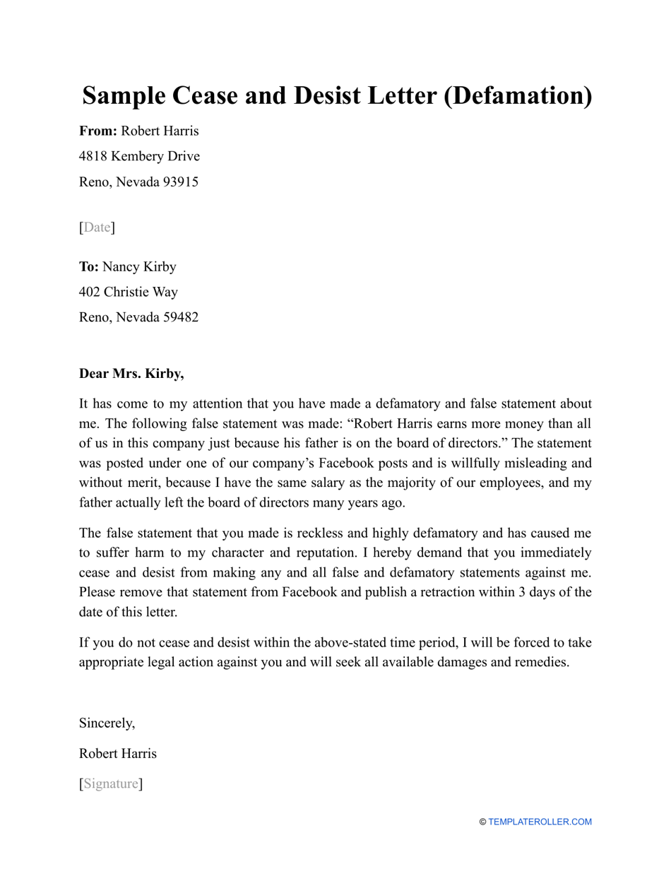 Sample Cease And Desist Letter Defamation Download Printable PDF