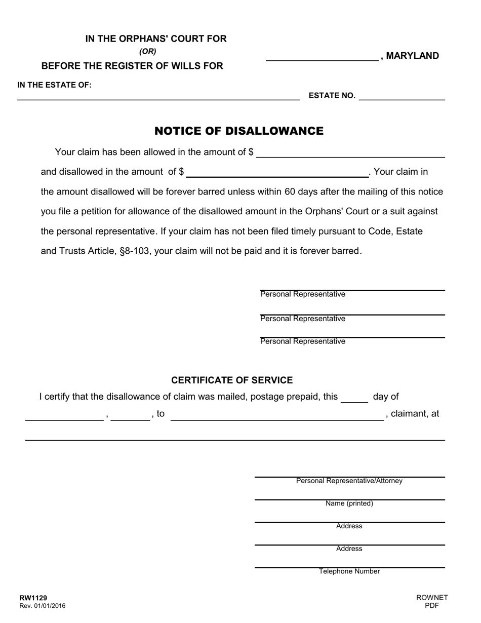 Form RW1129 - Fill Out, Sign Online and Download Fillable PDF, Maryland ...