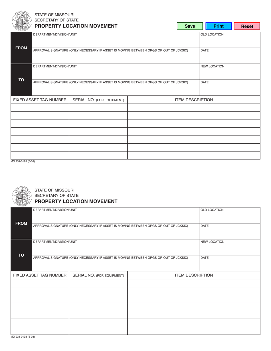 Form MO231-0193 - Fill Out, Sign Online and Download Fillable PDF ...