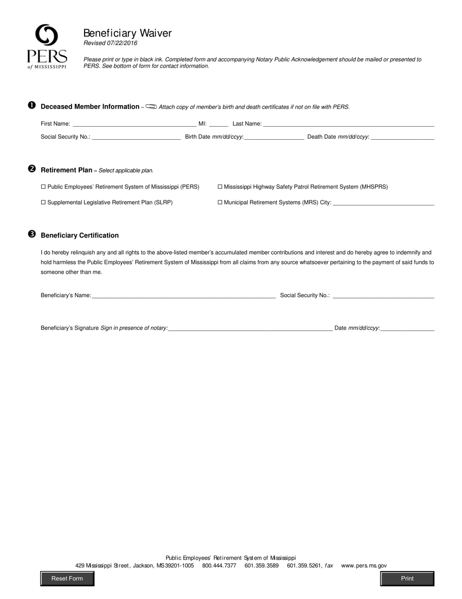 Mississippi Beneficiary Waiver - Fill Out, Sign Online and Download PDF | Templateroller