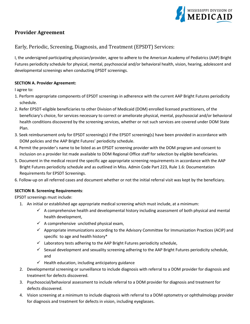 Mississippi Provider Agreement - Early, Periodic, Screening, Diagnosis ...