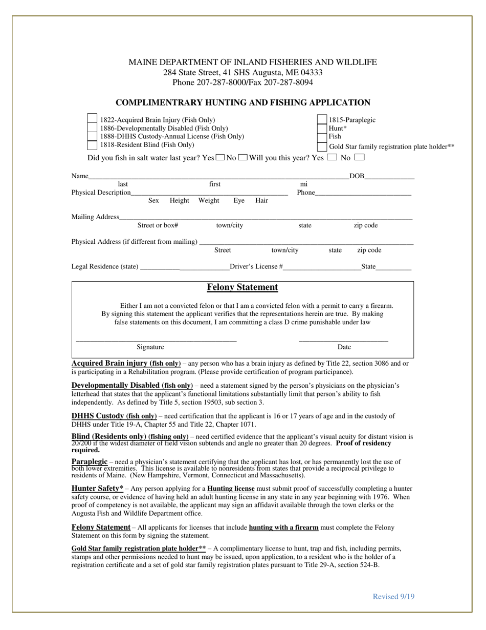 Maine Complimentrary Hunting and Fishing Application - Fill Out, Sign ...