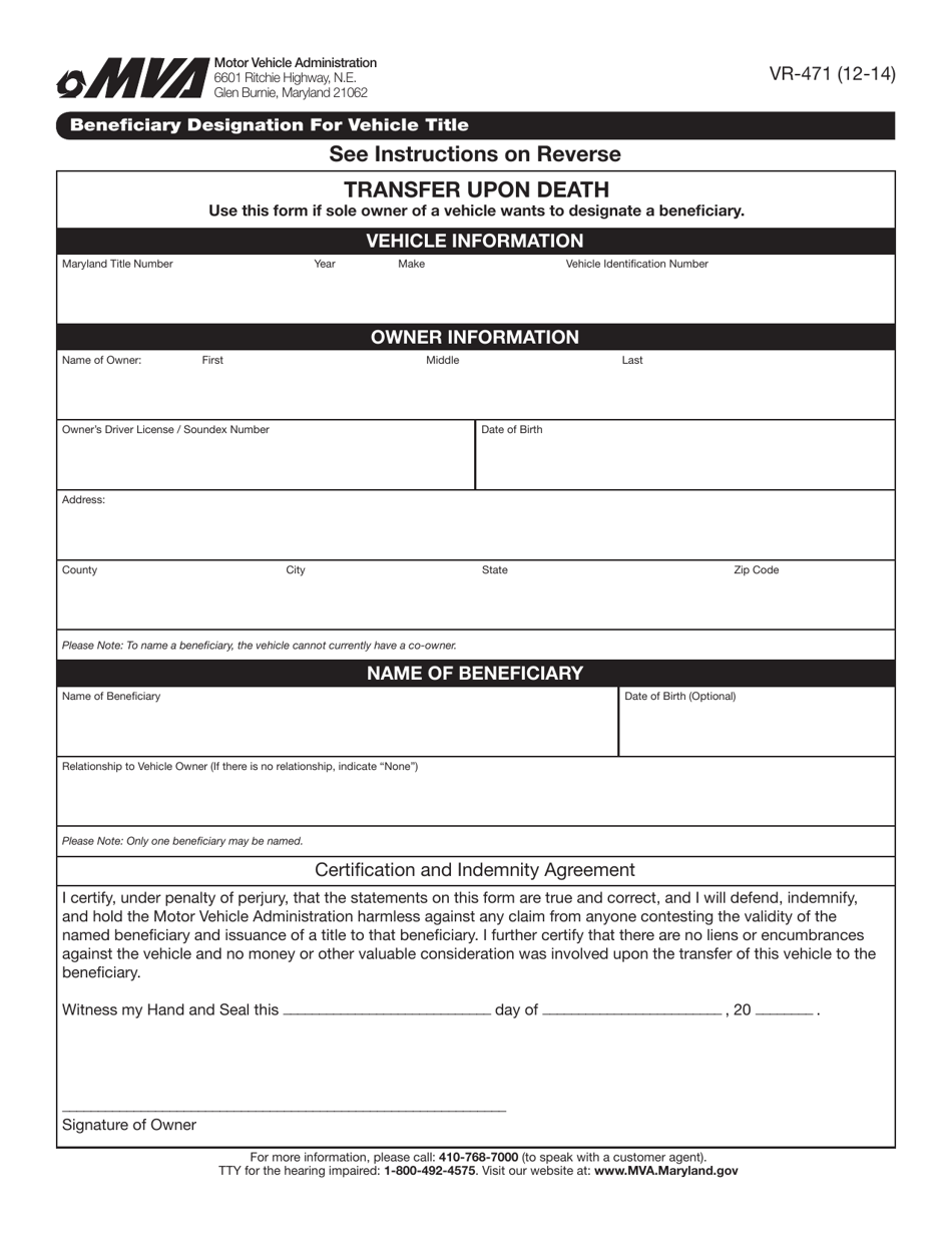 Form VR-471 - Fill Out, Sign Online and Download Fillable PDF, Maryland ...
