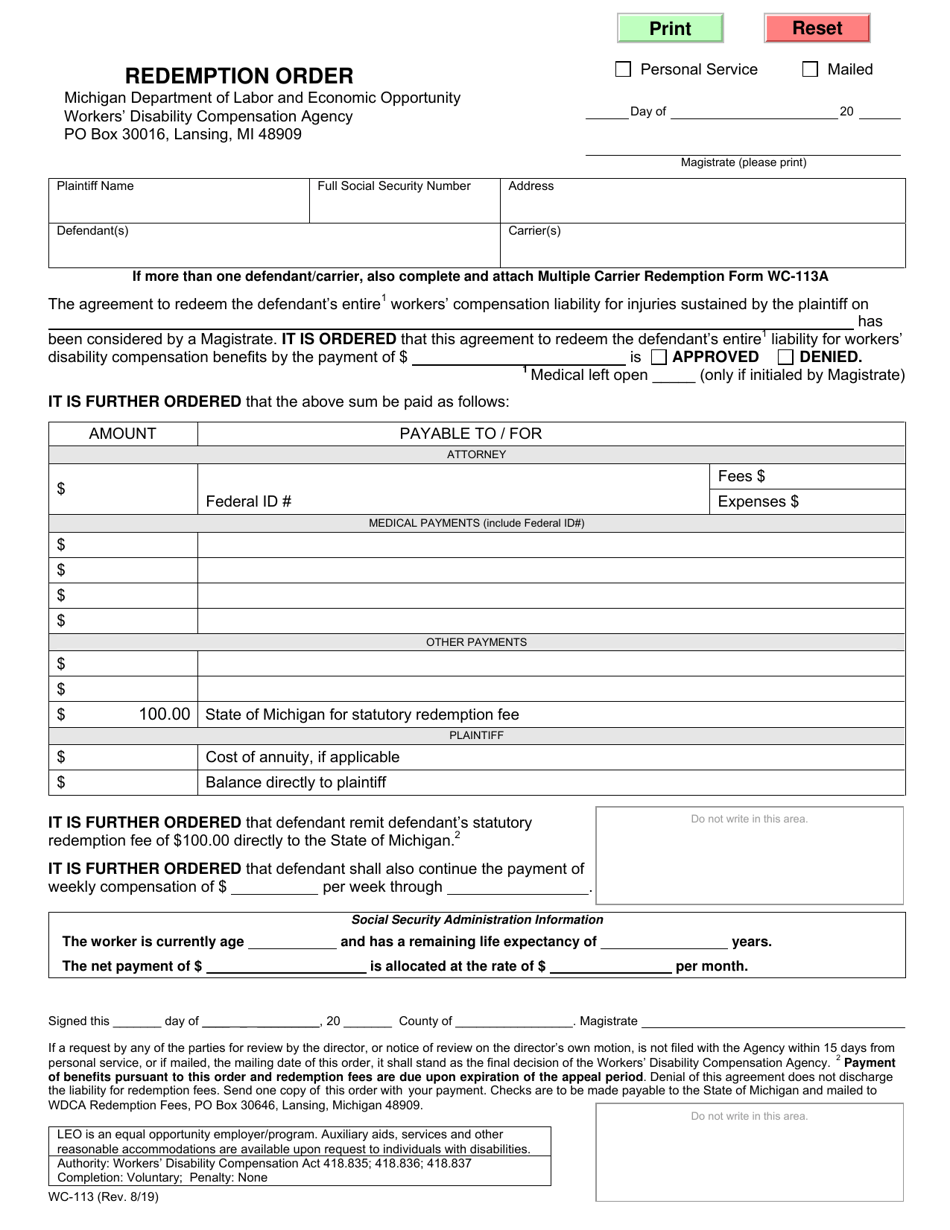 Form WC-113 - Fill Out, Sign Online and Download Fillable PDF, Michigan ...
