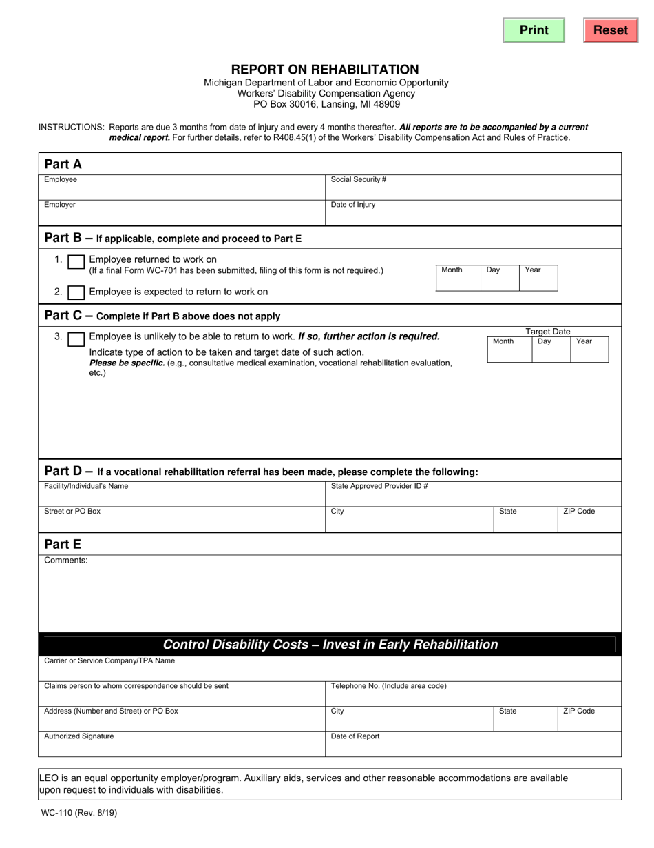 Form WC-110 - Fill Out, Sign Online and Download Fillable PDF, Michigan ...