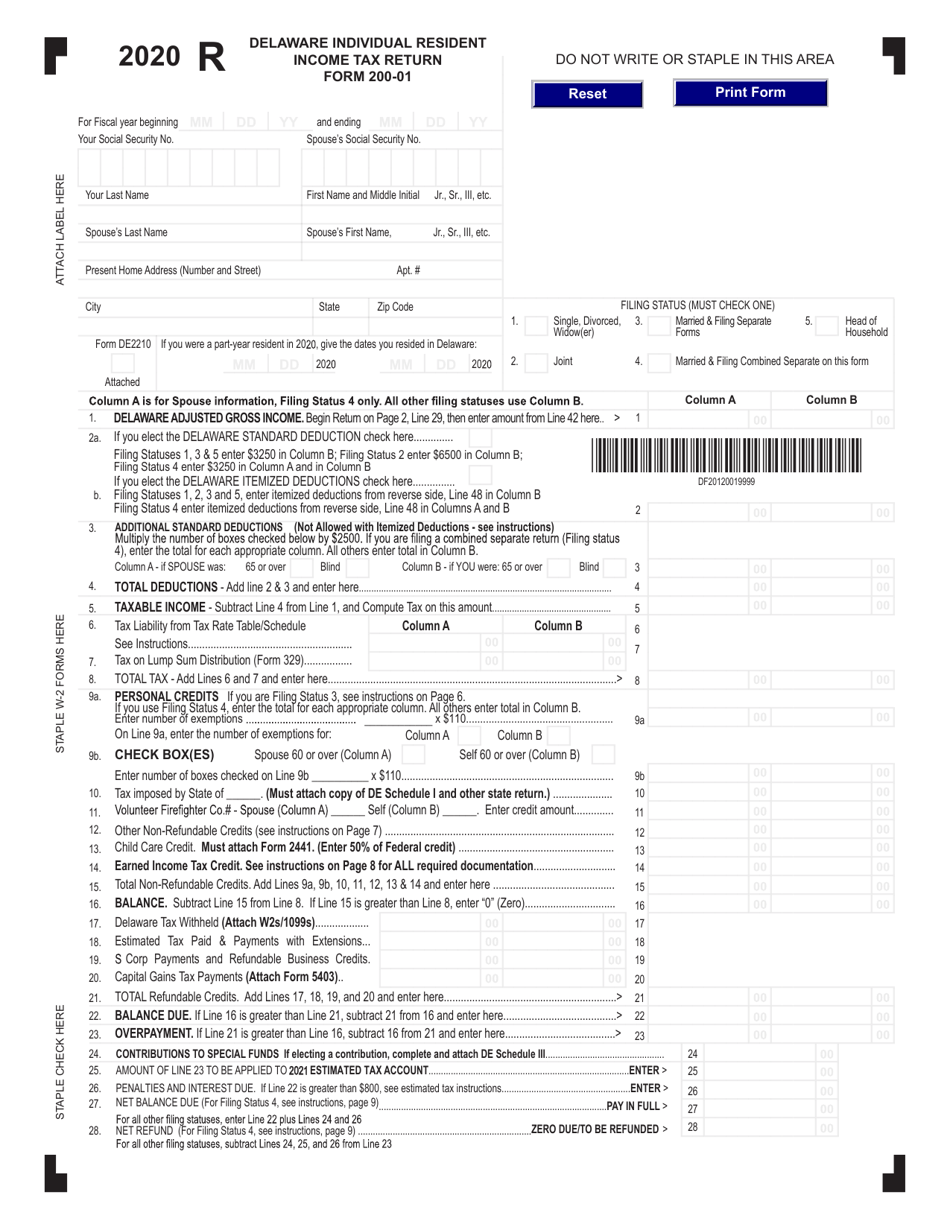 Form 200-01 Download Fillable PDF or Fill Online Delaware Individual ...