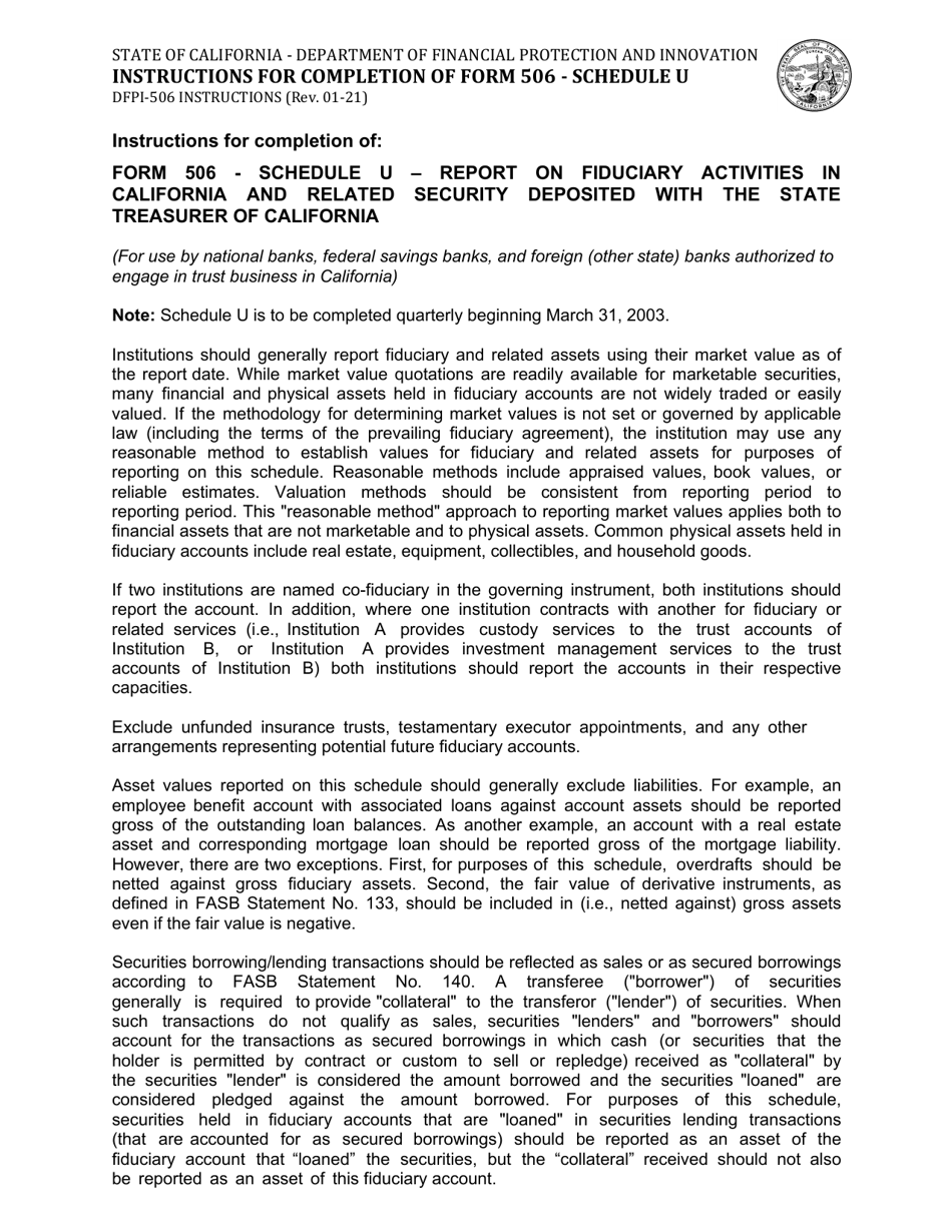 Download Instructions for Form DFPI-506 Schedule U Report on Fiduciary ...