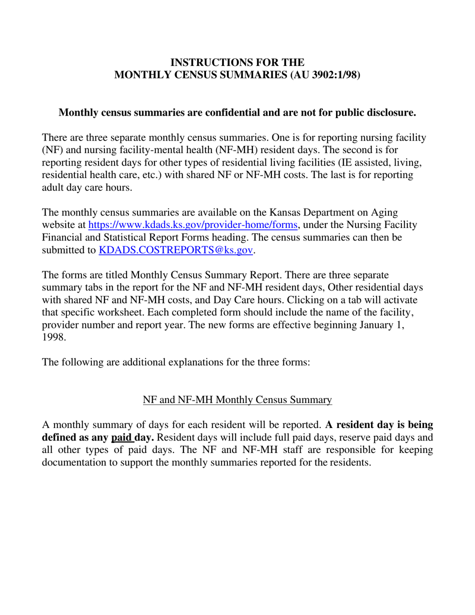 Download Instructions for Form AU-3902-A Monthly Census Summary PDF ...