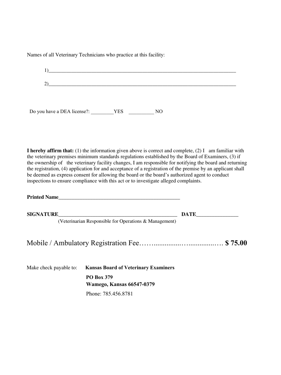 Kansas Mobile Ambulatory Veterinary Registration Application Fill Out