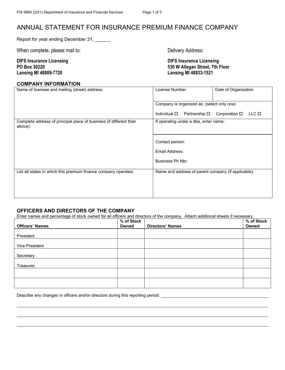 Form FIS0854 Download Fillable PDF or Fill Online Annual Statement for ...