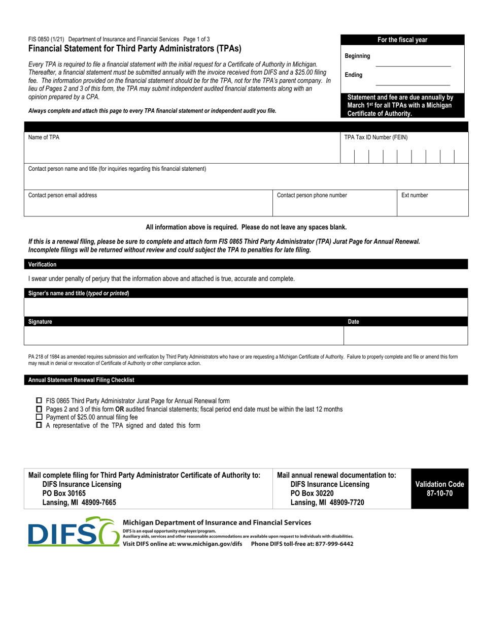 Form FIS0850 Download Fillable PDF or Fill Online Financial Statement ...