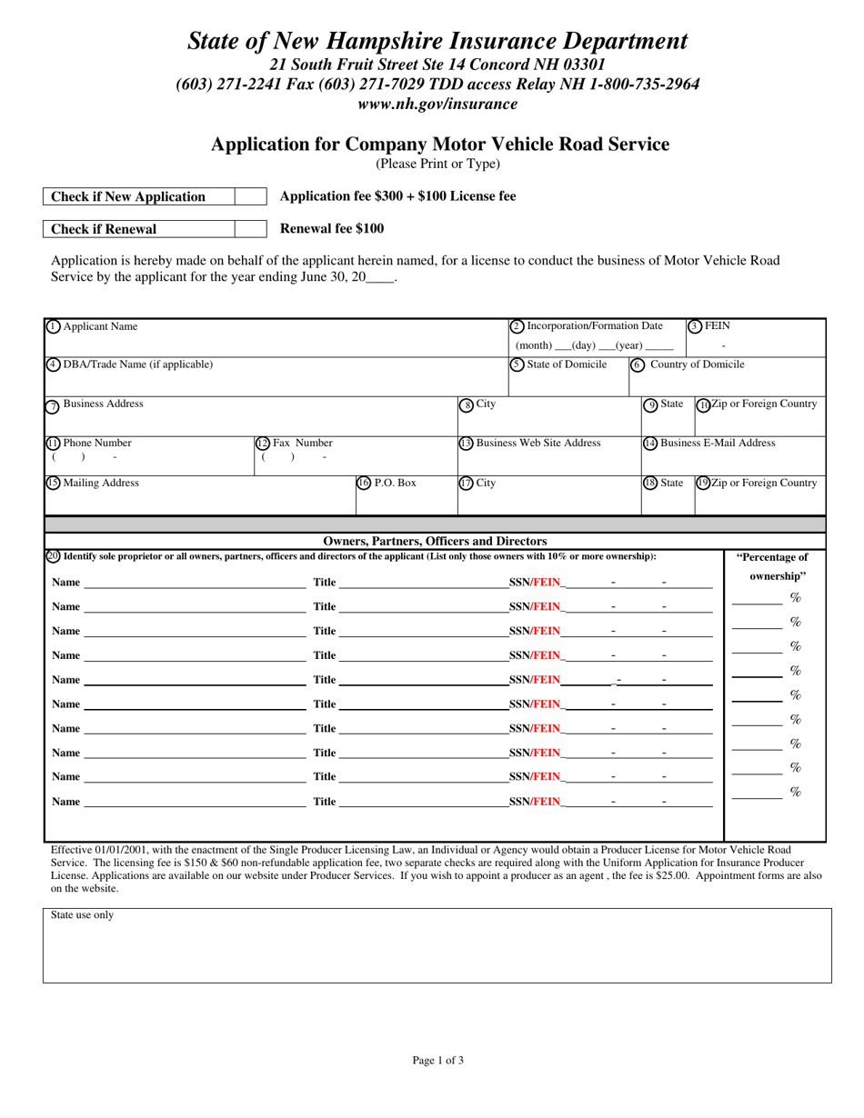 New Hampshire Application for Company Motor Vehicle Road Service - Fill ...