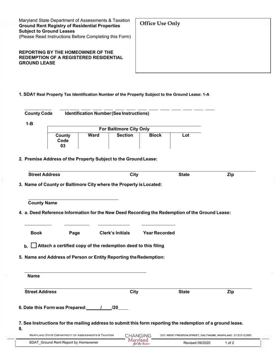 Maryland Homeowner's Report of the Redemption of a Registered Ground ...