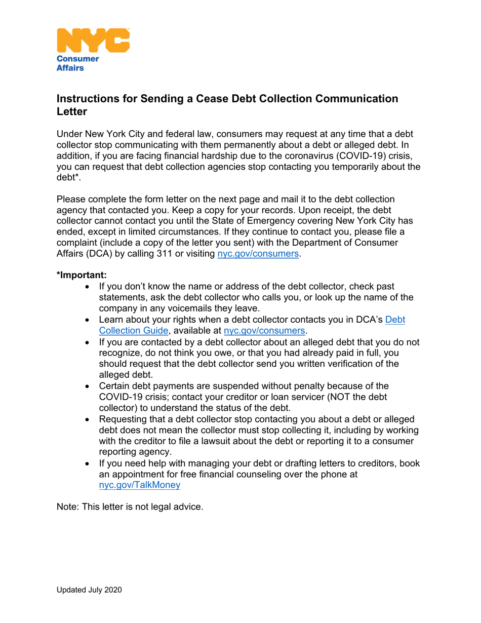 New York City Cease Debt Collection Communication Letter - Fill Out ...