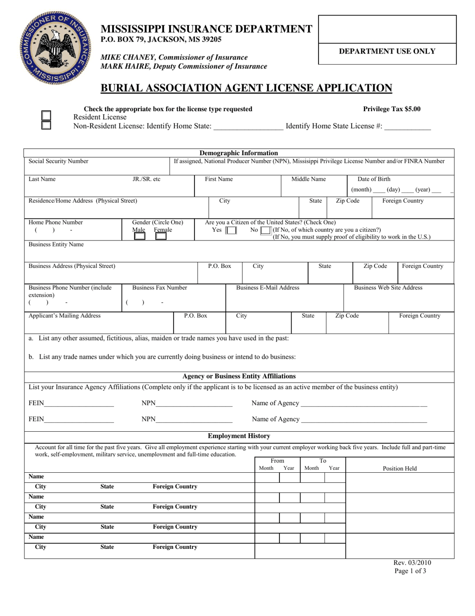 Mississippi Burial Association Agent License Application - Fill Out ...