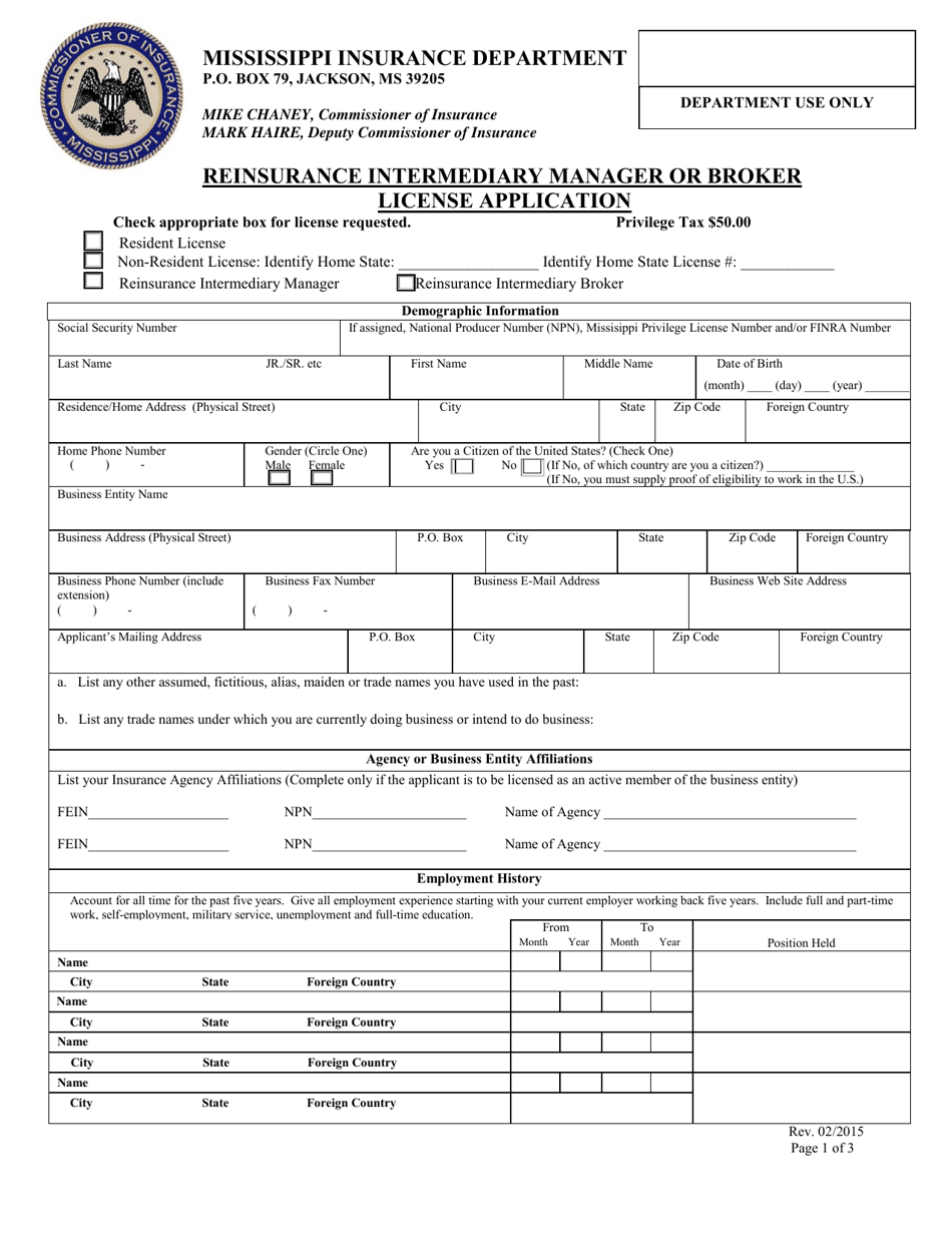 Mississippi Reinsurance Intermediary Manager or Broker License ...