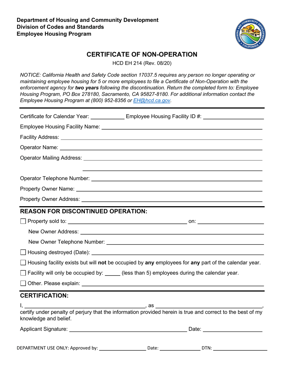 Form HCD EH214 - Fill Out, Sign Online and Download Printable PDF ...