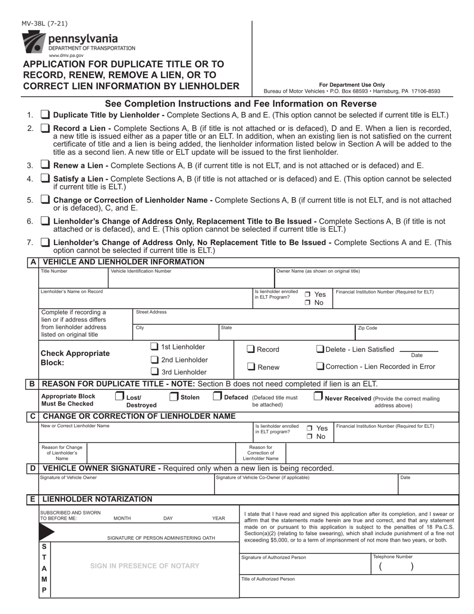 Form MV-38L - Fill Out, Sign Online and Download Fillable PDF, Pennsylvania | Templateroller