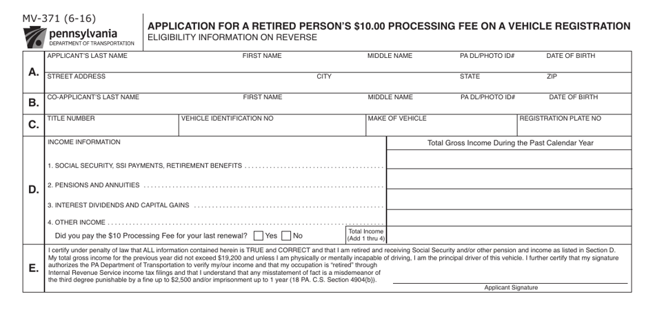 Form MV-371 - Fill Out, Sign Online and Download Fillable PDF, Pennsylvania | Templateroller