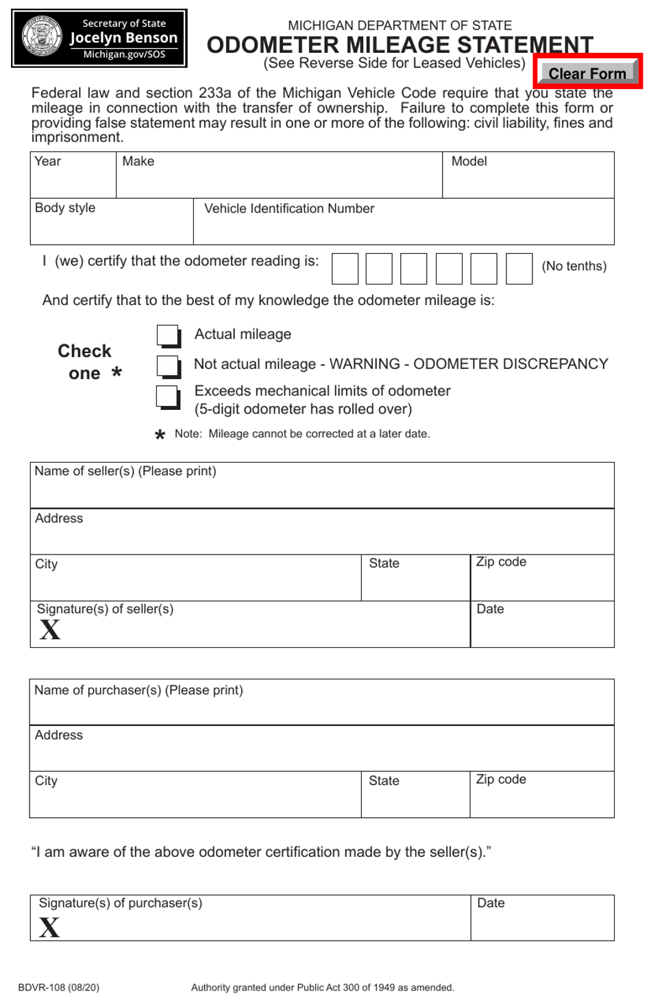 Form BDVR-108 Download Fillable PDF or Fill Online Odometer Mileage ...