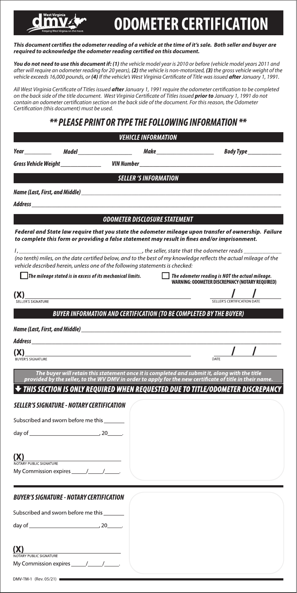 Form DMV-TM-1 Download Fillable PDF or Fill Online Odometer ...