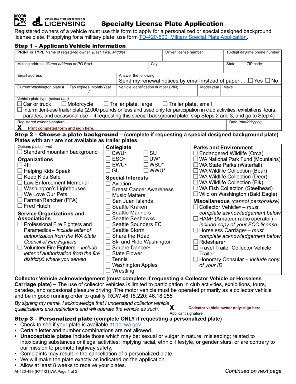 Form AI-420-499 Download Fillable PDF or Fill Online Specialty License ...