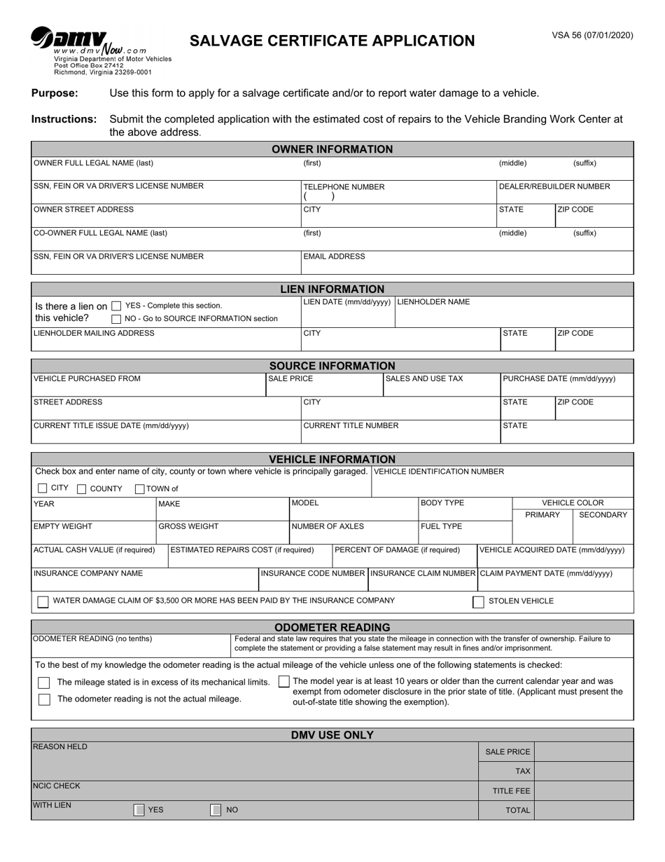 Form VSA56 - Fill Out, Sign Online and Download Fillable PDF, Virginia ...