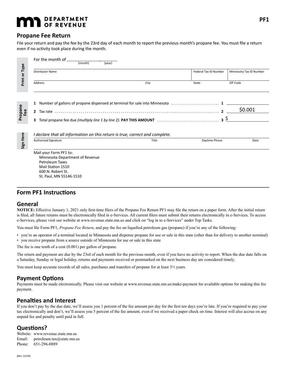Form PF1 Download Fillable PDF or Fill Online Propane Fee Return ...