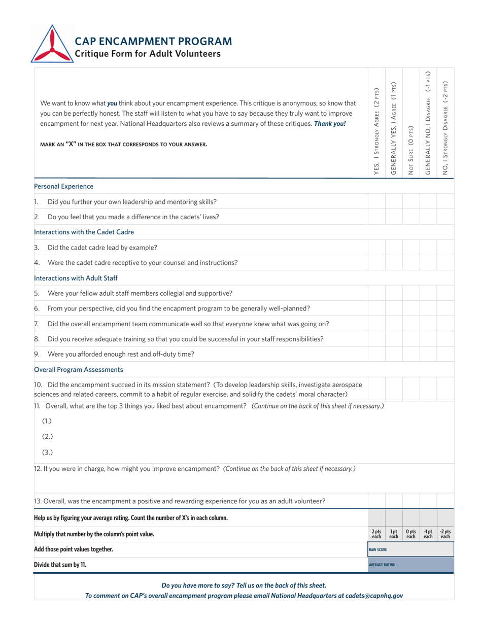 Critique Form for Adult Volunteers - CAP Encampment Program - Fill Out, Sign Online and Download ...
